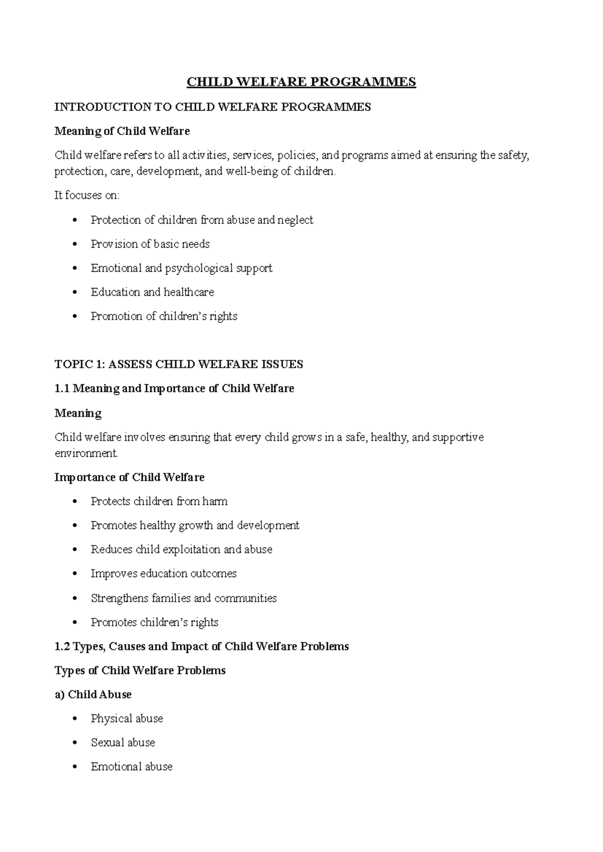 CHILD WELFARE PROGRAMMES: INTRODUCTION & STRATEGIES FOR IMPROVEMENT ...