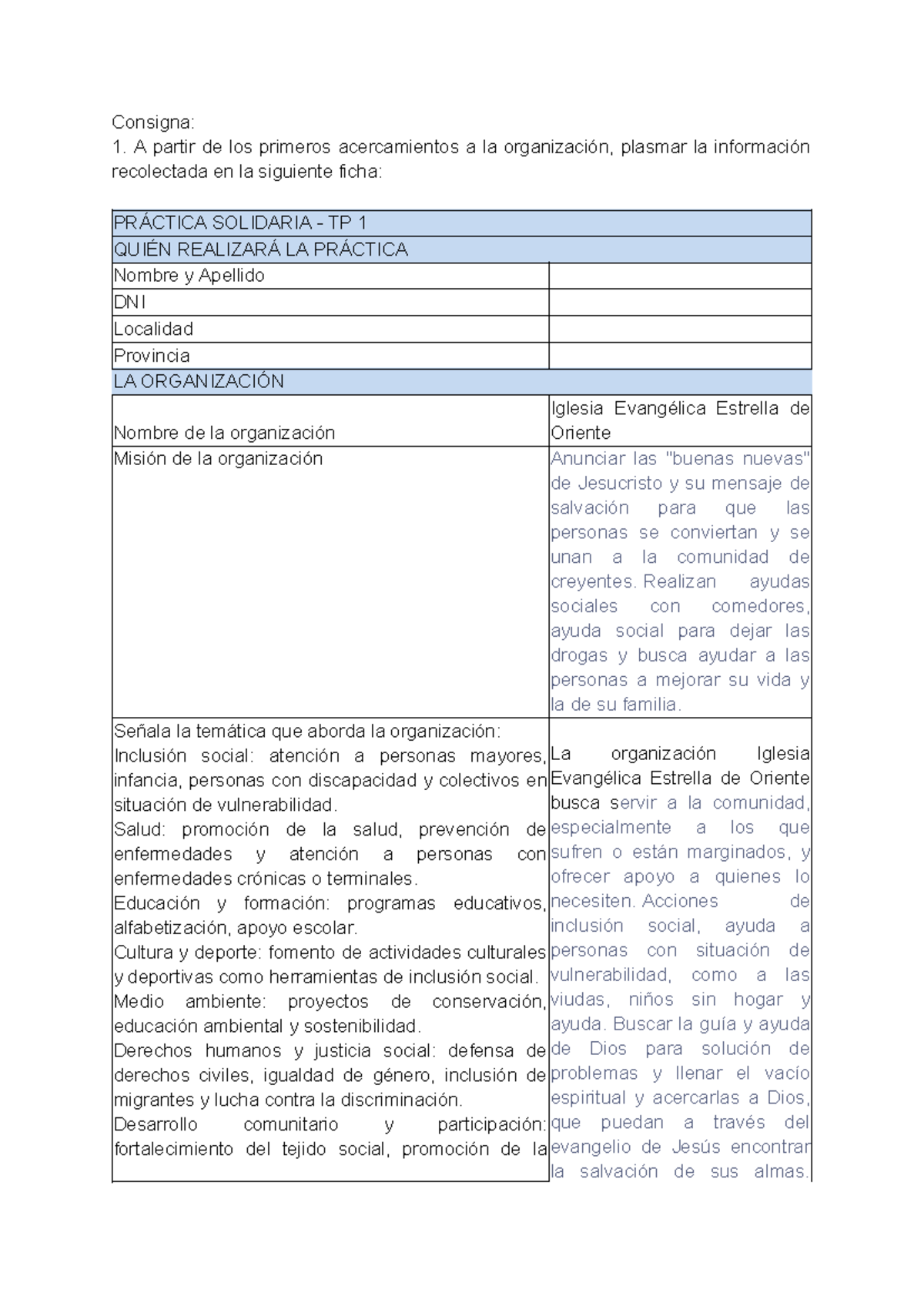 TP1 - Actividad sobre la Práctica Solidaria en la Iglesia Evangélica ...