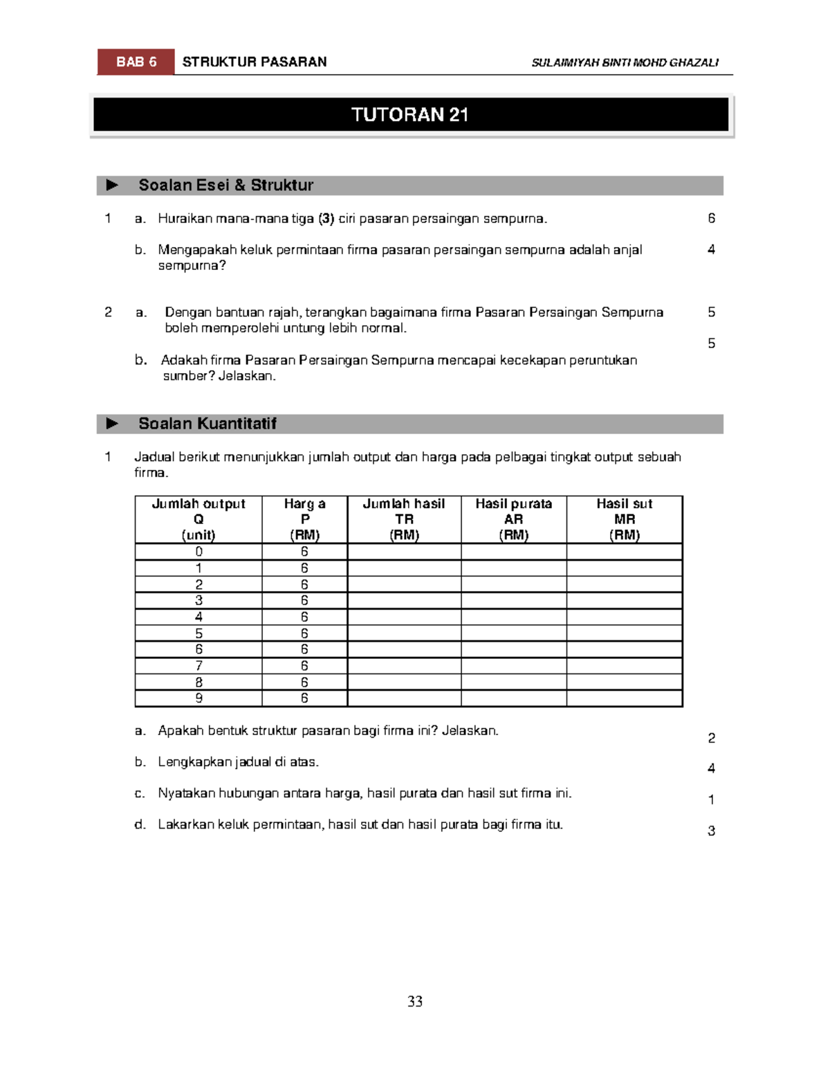 BAB 6 - Soalan Esei dan Kuantitatif mengenai Struktur Pasaran - Studocu