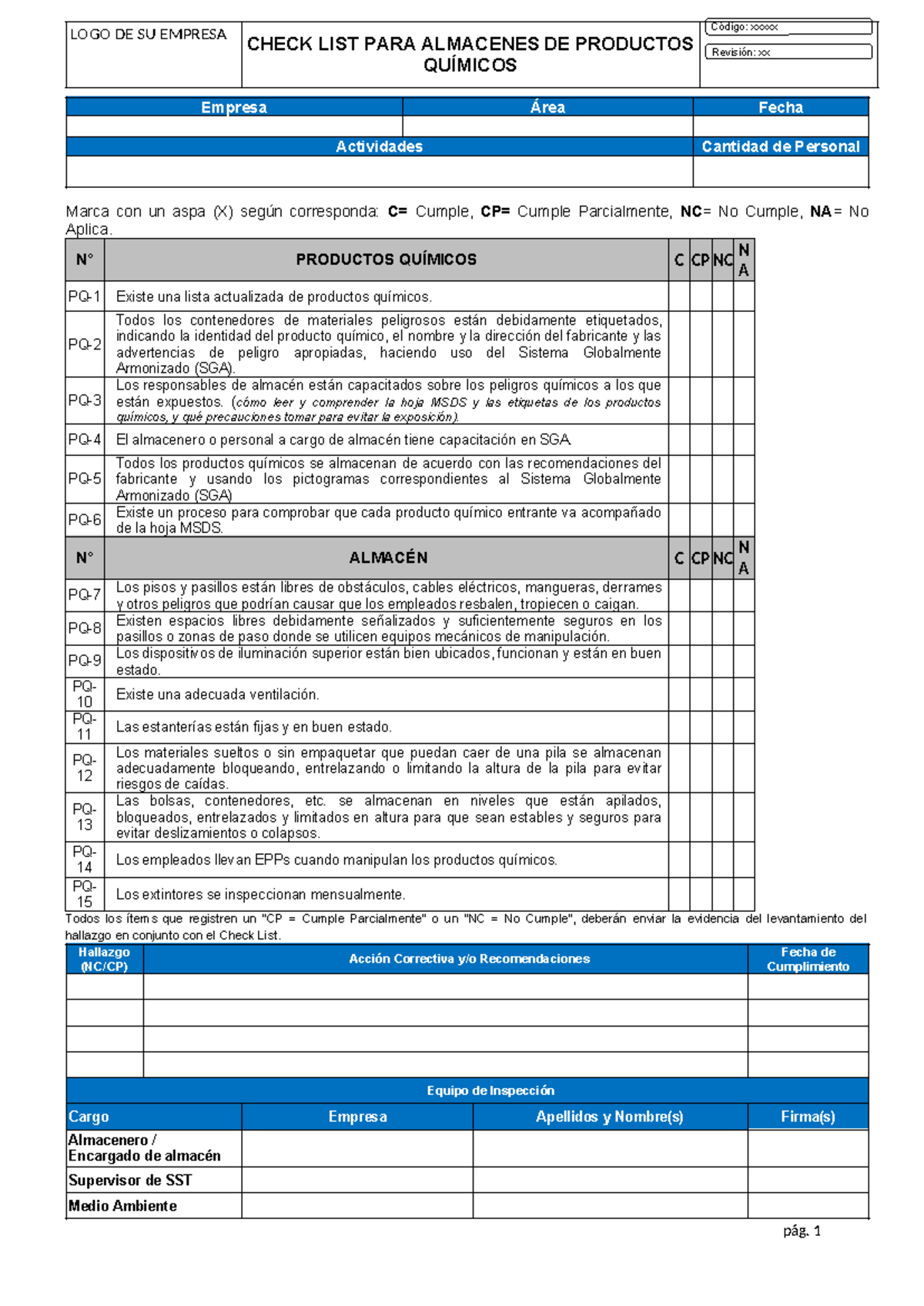 Check List de Inspección de Almacén de Productos Químicos PQ - Studocu