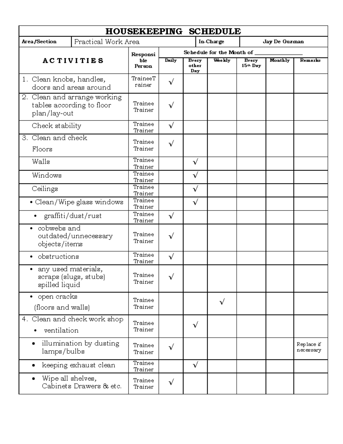 Housekeeping Schedule for Practical Work Area (JCDG) - Studocu