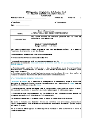 Fiche E6 Animation de réseau de partenaires - BTS NÉGOCIATION ET DIGITALISATION DE LA RELATION ...