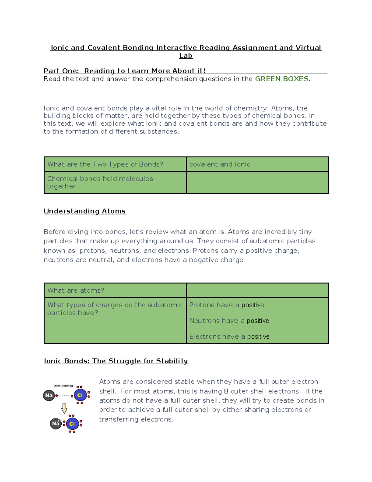 Ionicand Covalent Bonding Interactive Readingand Virtual Lab Activity-1 ...