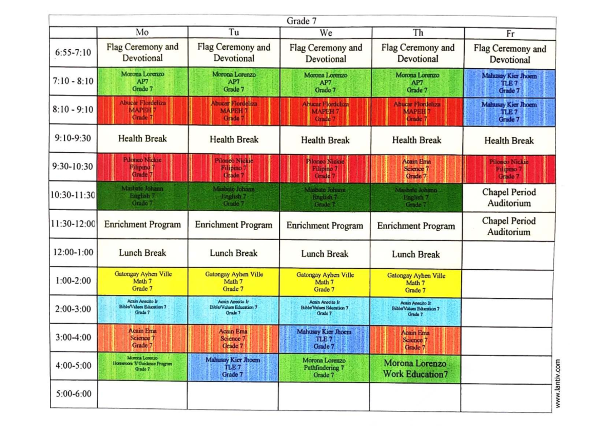 Grade 7-11 Class Program Schedule 2026: Flag Ceremonies & Devotionals ...