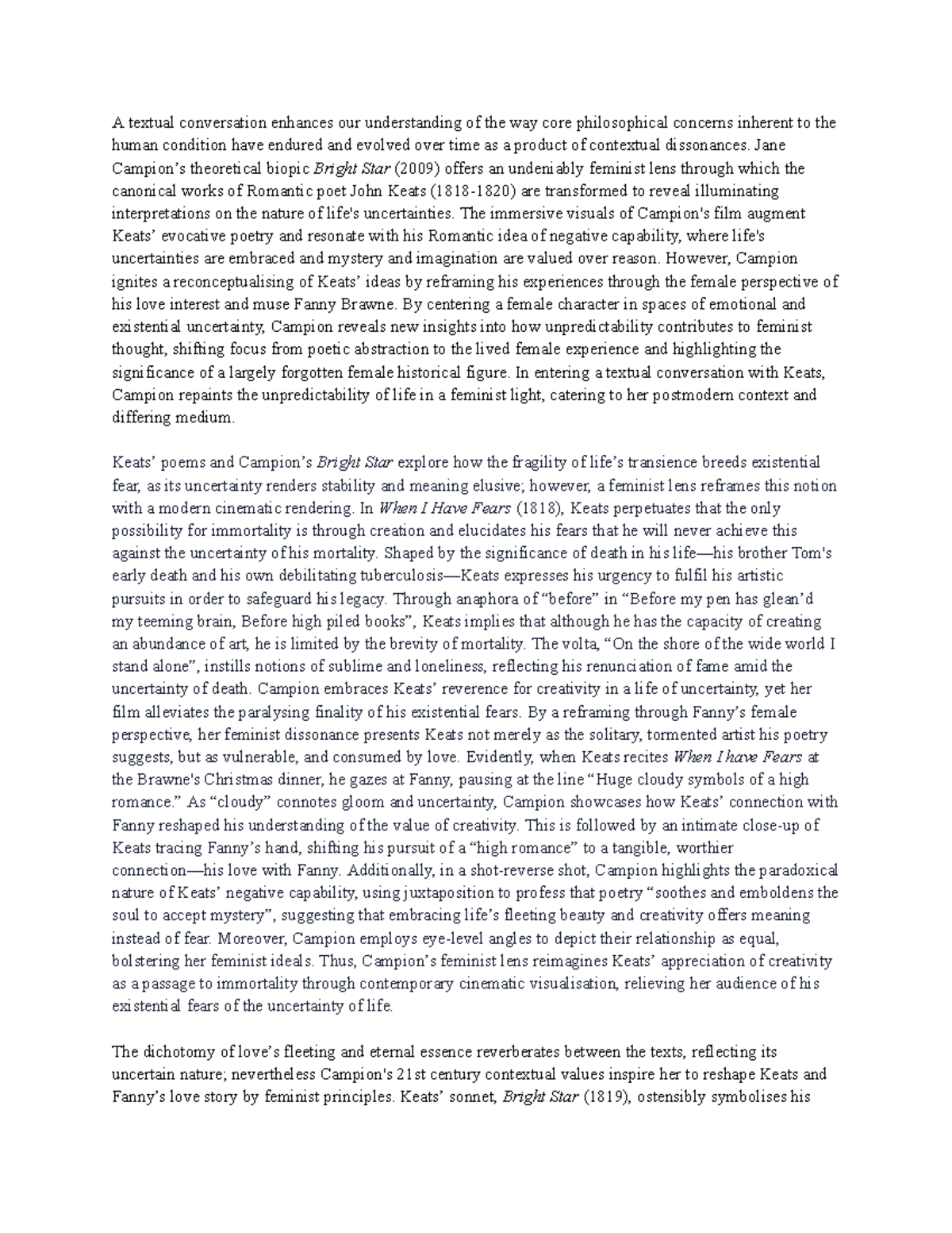 Reimagining John Keats: Feminist Perspectives in Campion's Bright Star ...