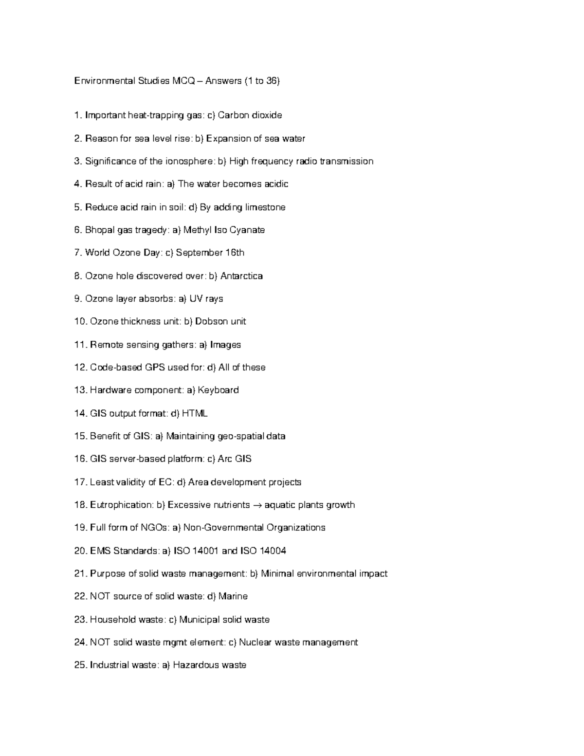 Environmental Studies MCQ Answers (ES101) - Questions 1 to 36 - Studocu