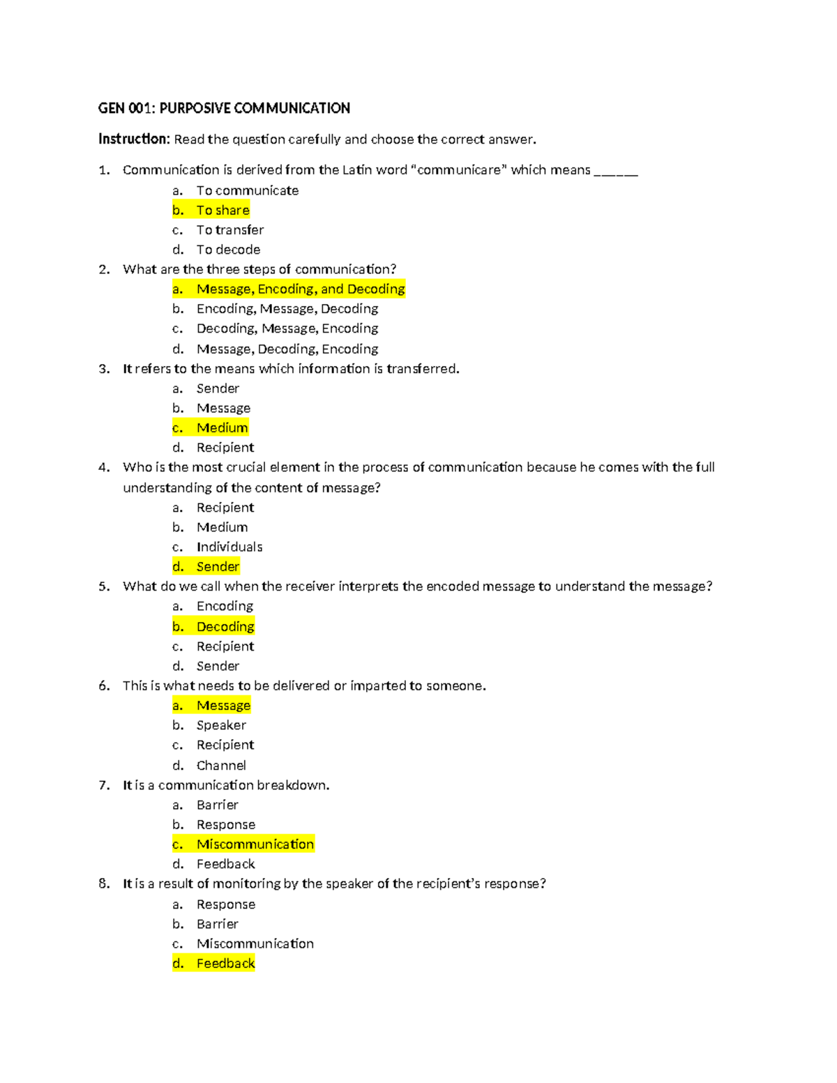 GEN 001: Purposeful Communication Questionnaire & Answer Key - Studocu