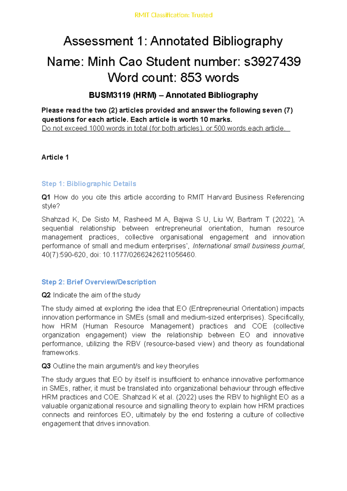 HRM 2410 - Annotated Bibliography - Assessment 1: Annotated ...