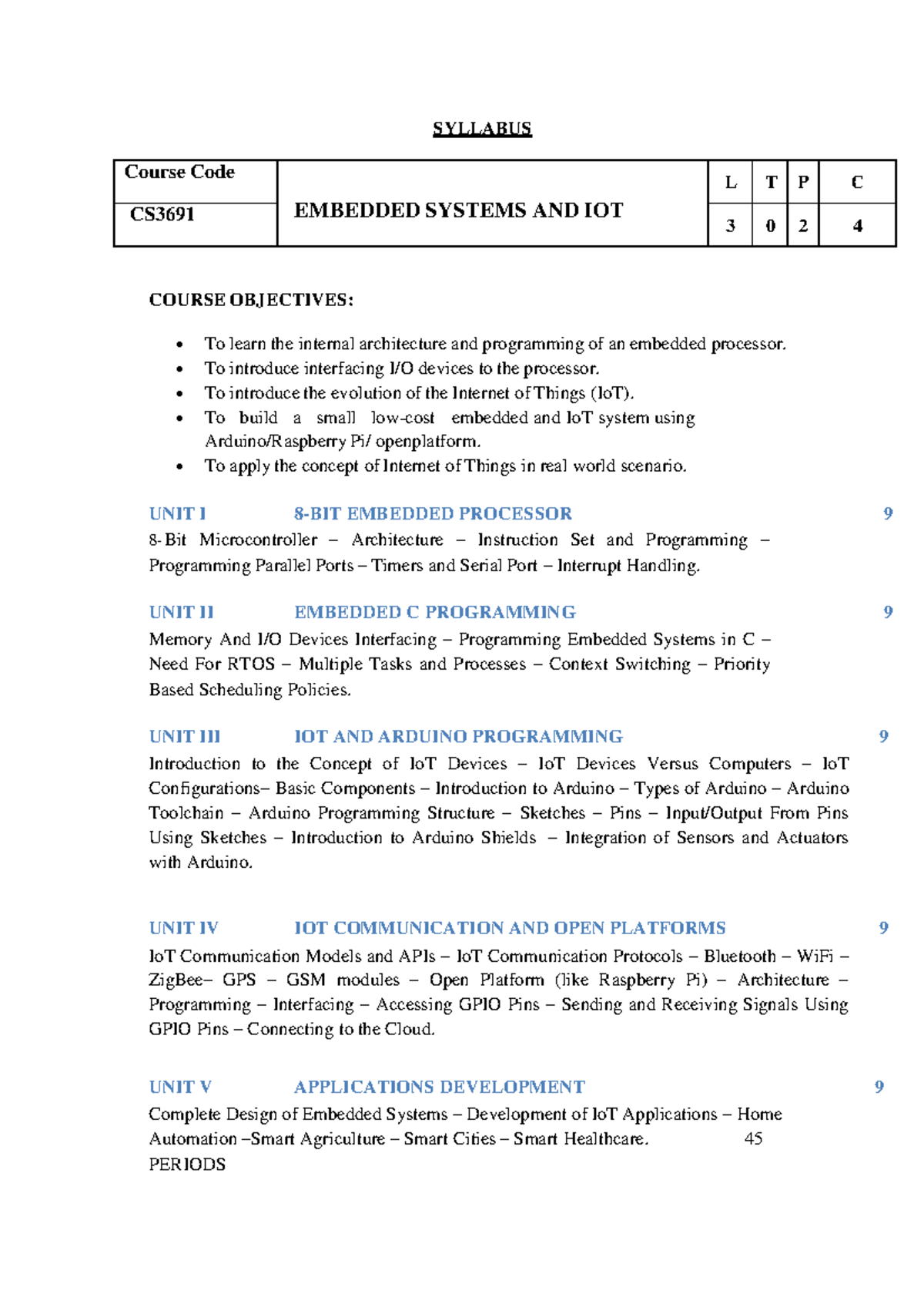 CS3691 Syllabus: Embedded Systems and IoT Course Overview and Details ...