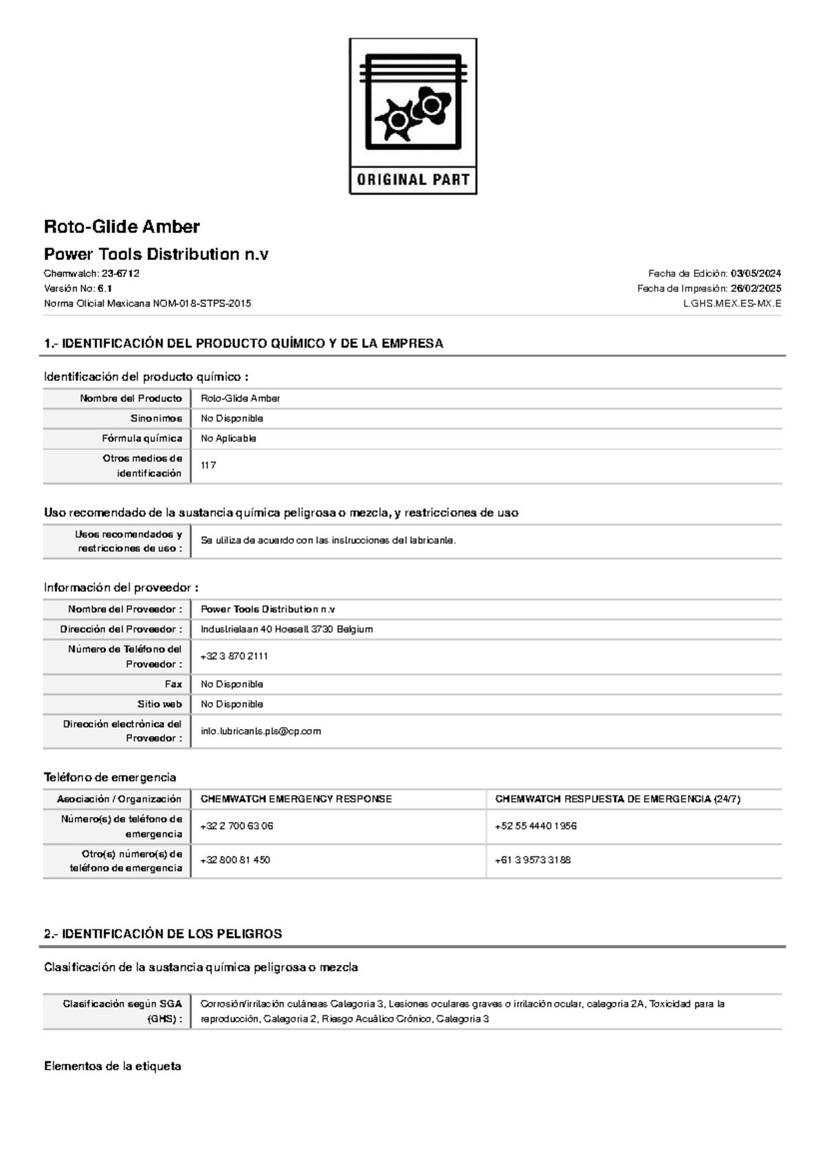 Hoja de Datos de Seguridad para Roto-Glide Amber 400G (PN 2901033803 ...