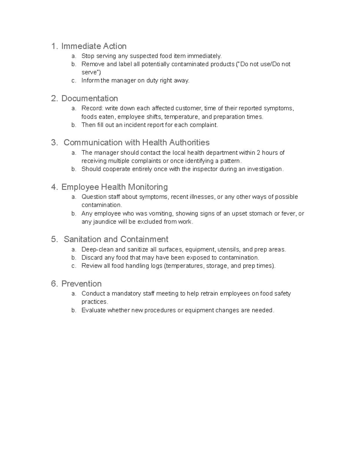 Food-Borne Illness Outbreak Response Plan - KTamilio - Studocu