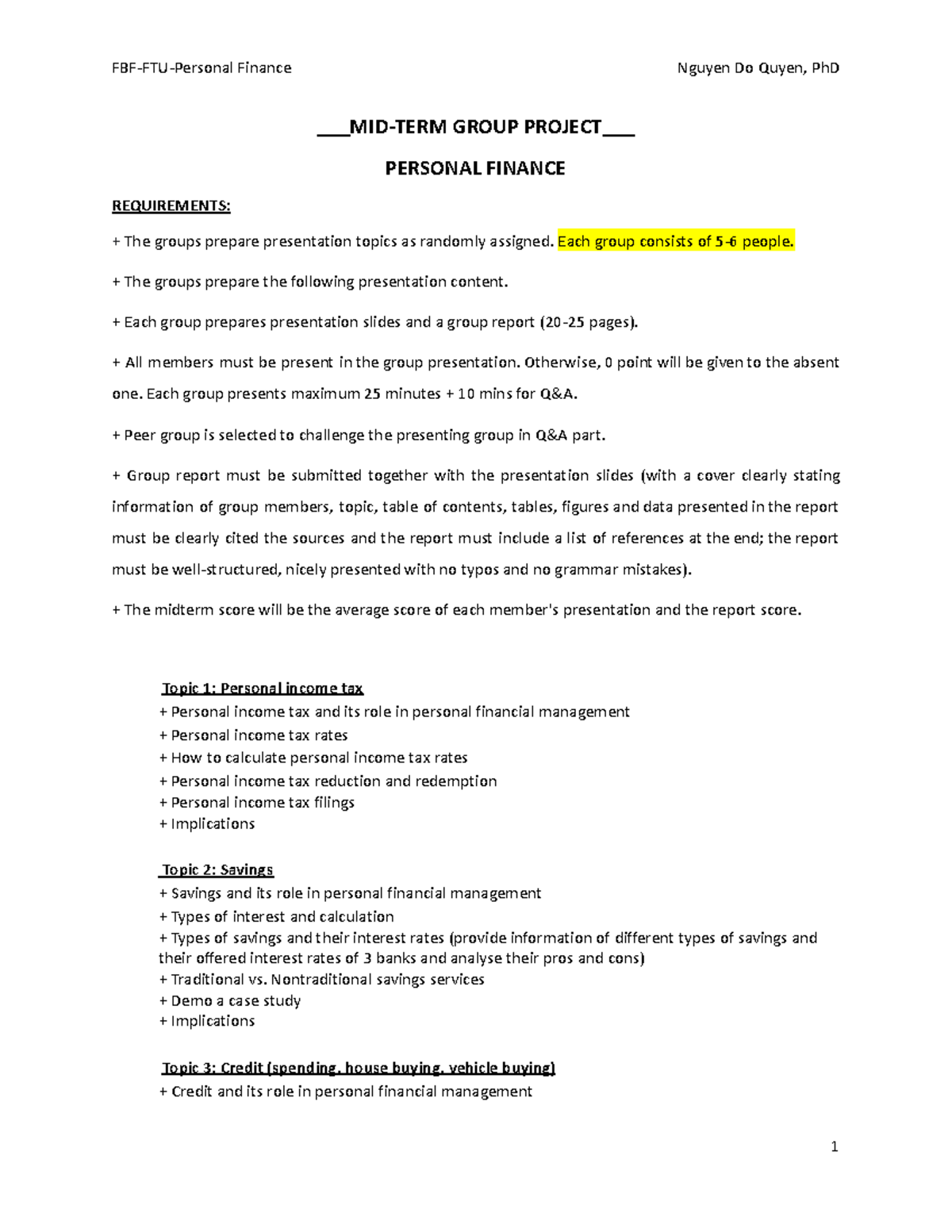 Personal Finance MID-TERM Project: 10 Key Topics Overview - Studocu