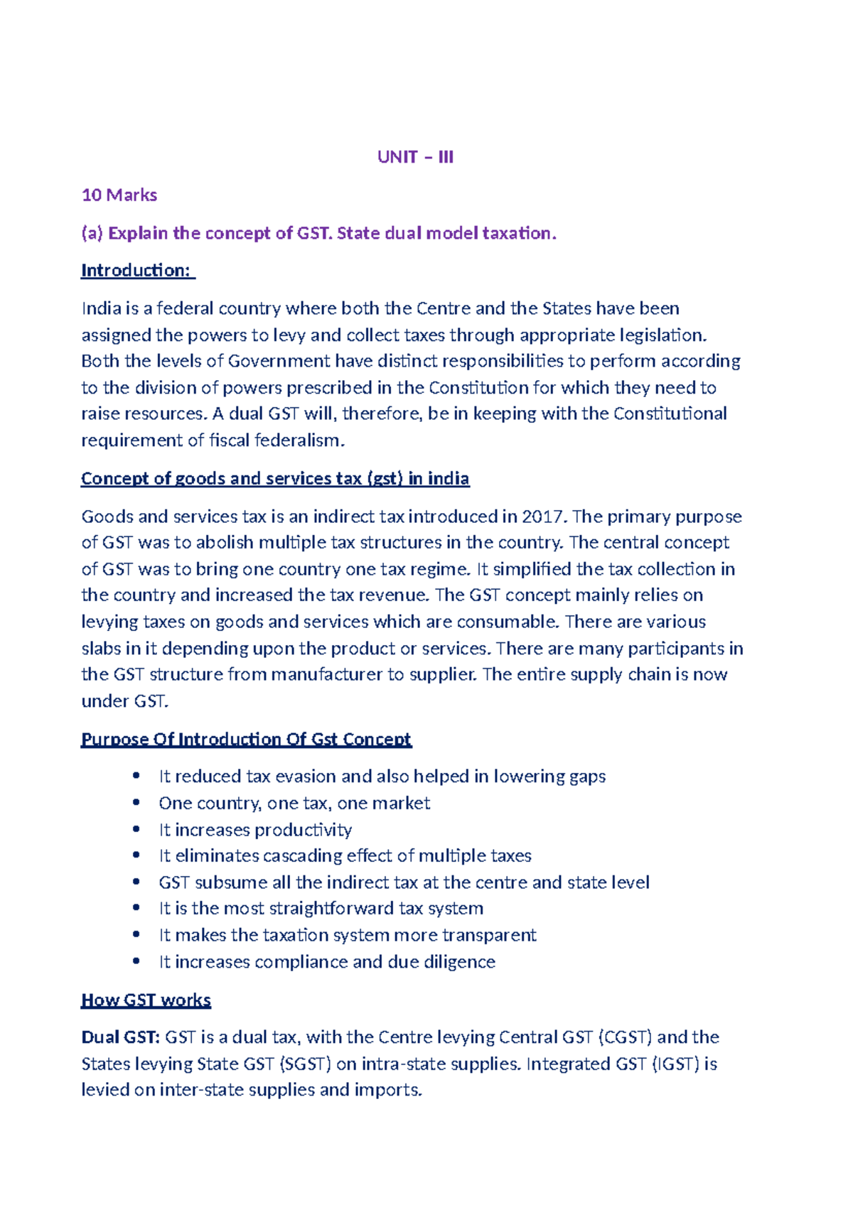 UNIT 10: Understanding GST and Its Dual Taxation Model in India - Studocu