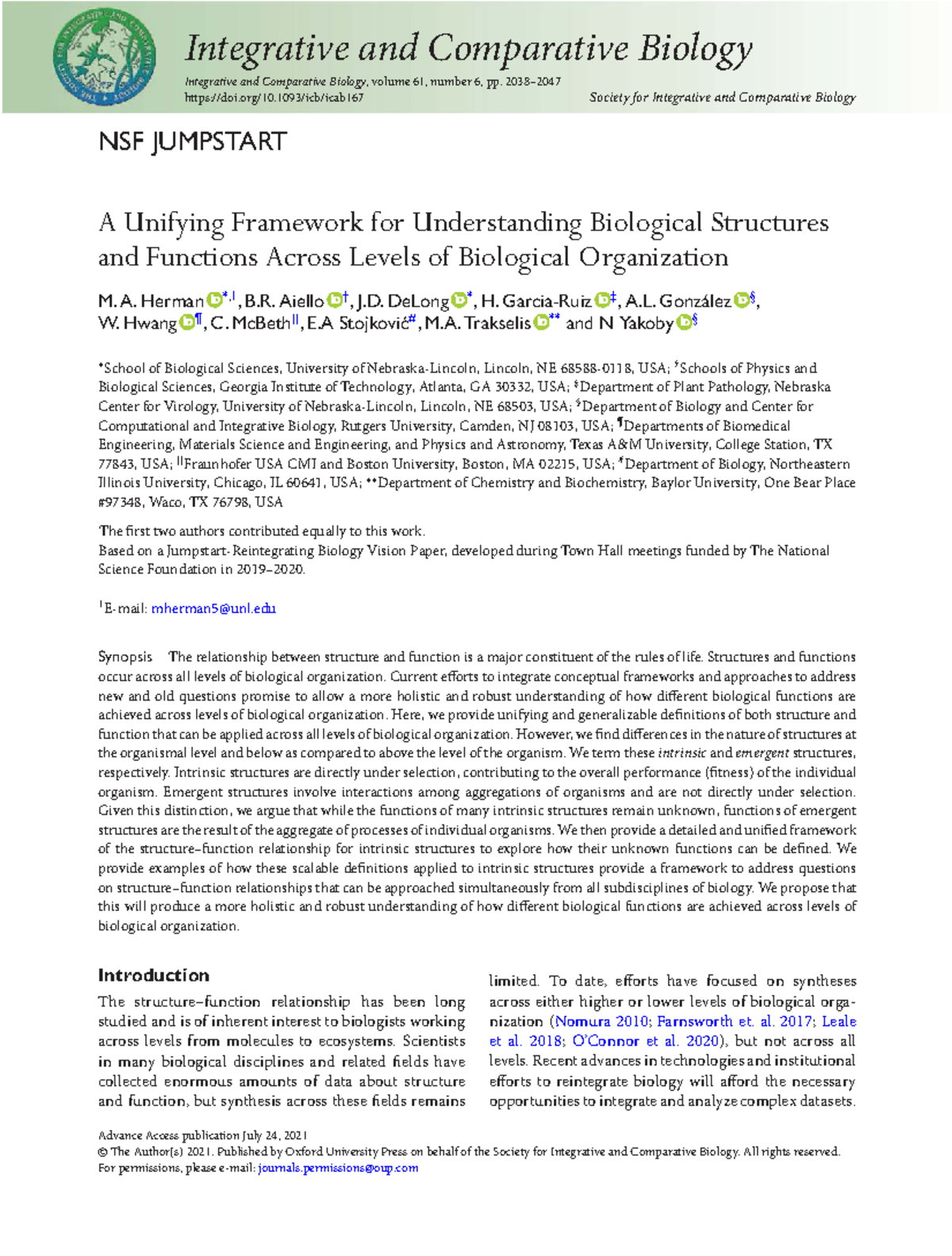 A Unifying Framework for Biological Structures & Functions (IB 61 ...