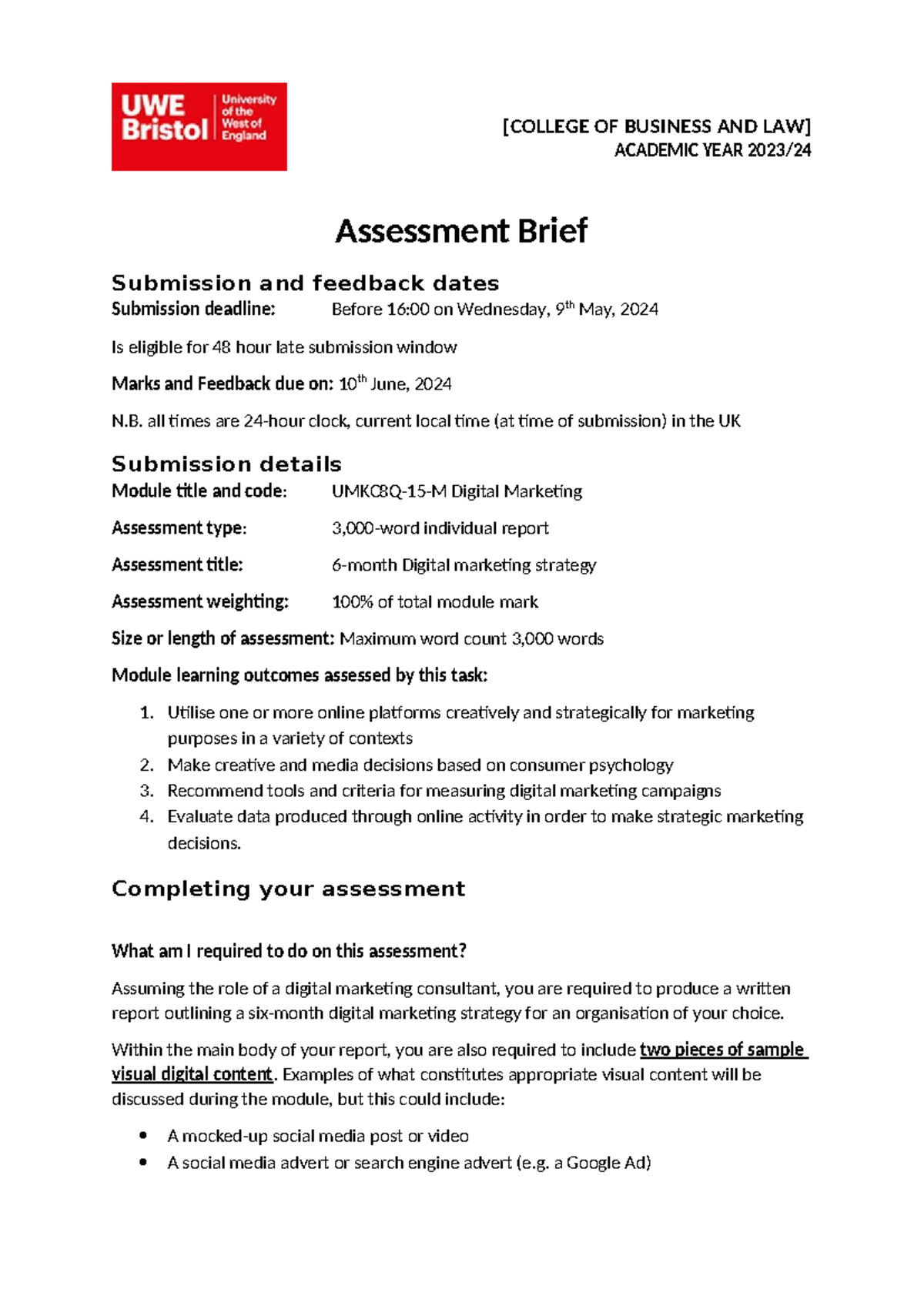 Digital Marketing Strategy Report (DMKT101) - Assessment Brief 2023-24 ...