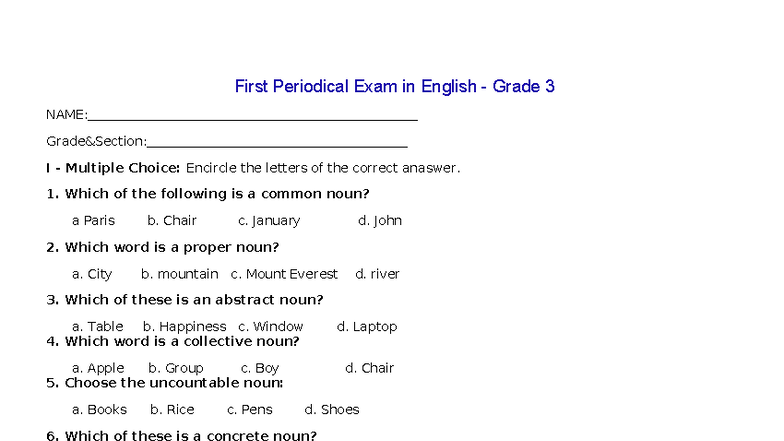 English Grade 3 Monthly Quiz: First Periodical Exam - Studocu