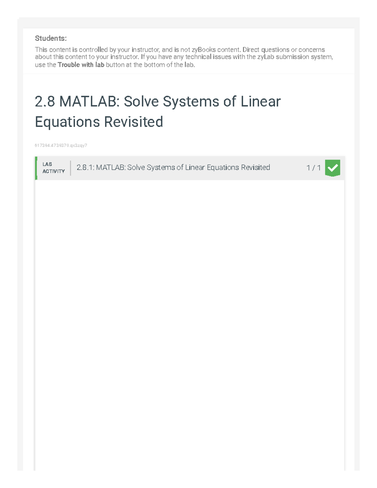 MATLAB 617394: Solving Linear Equations - Lab Activity 2.8 - Studocu