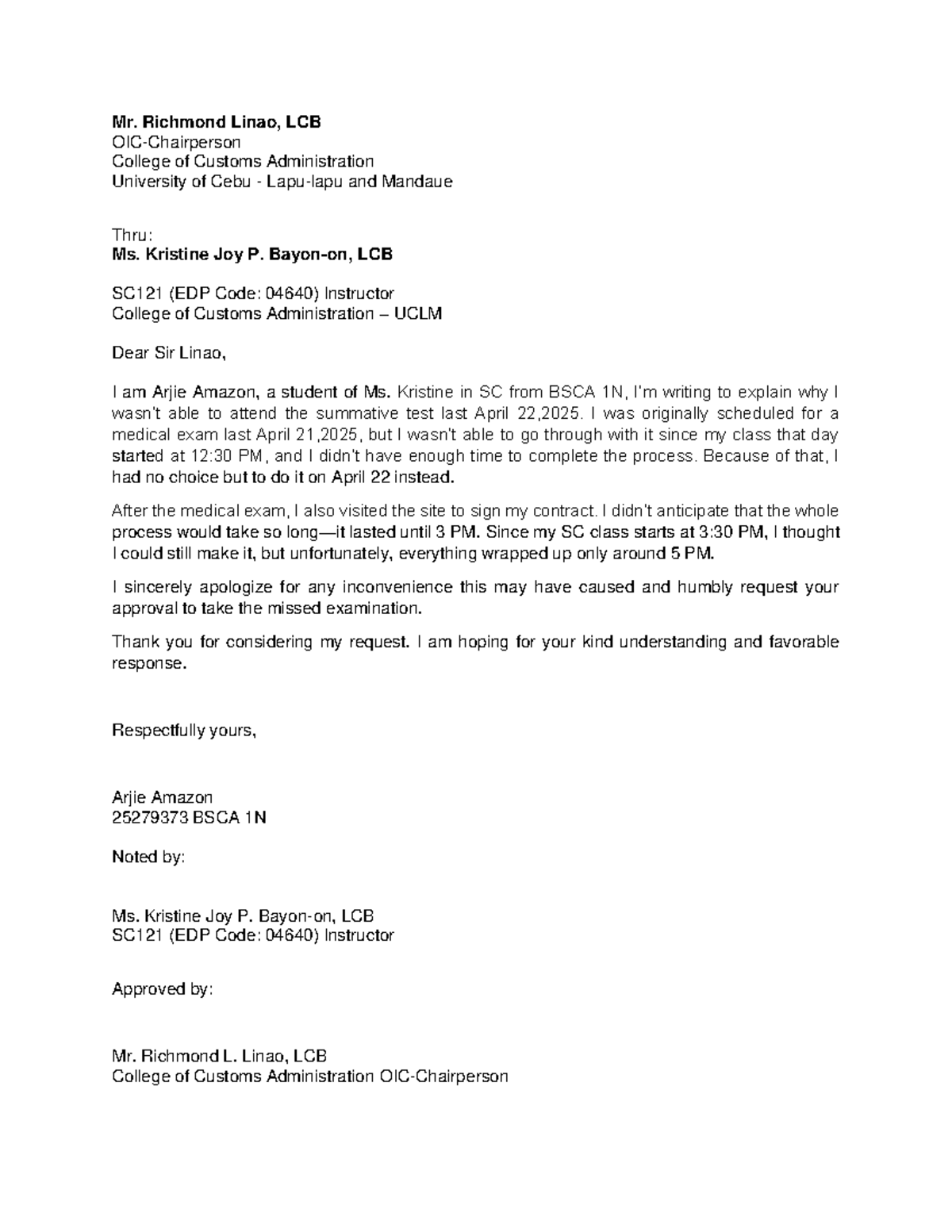 Excuse Letter for Missed Summative Test - SC121 (EDP Code: 04640) - Studocu