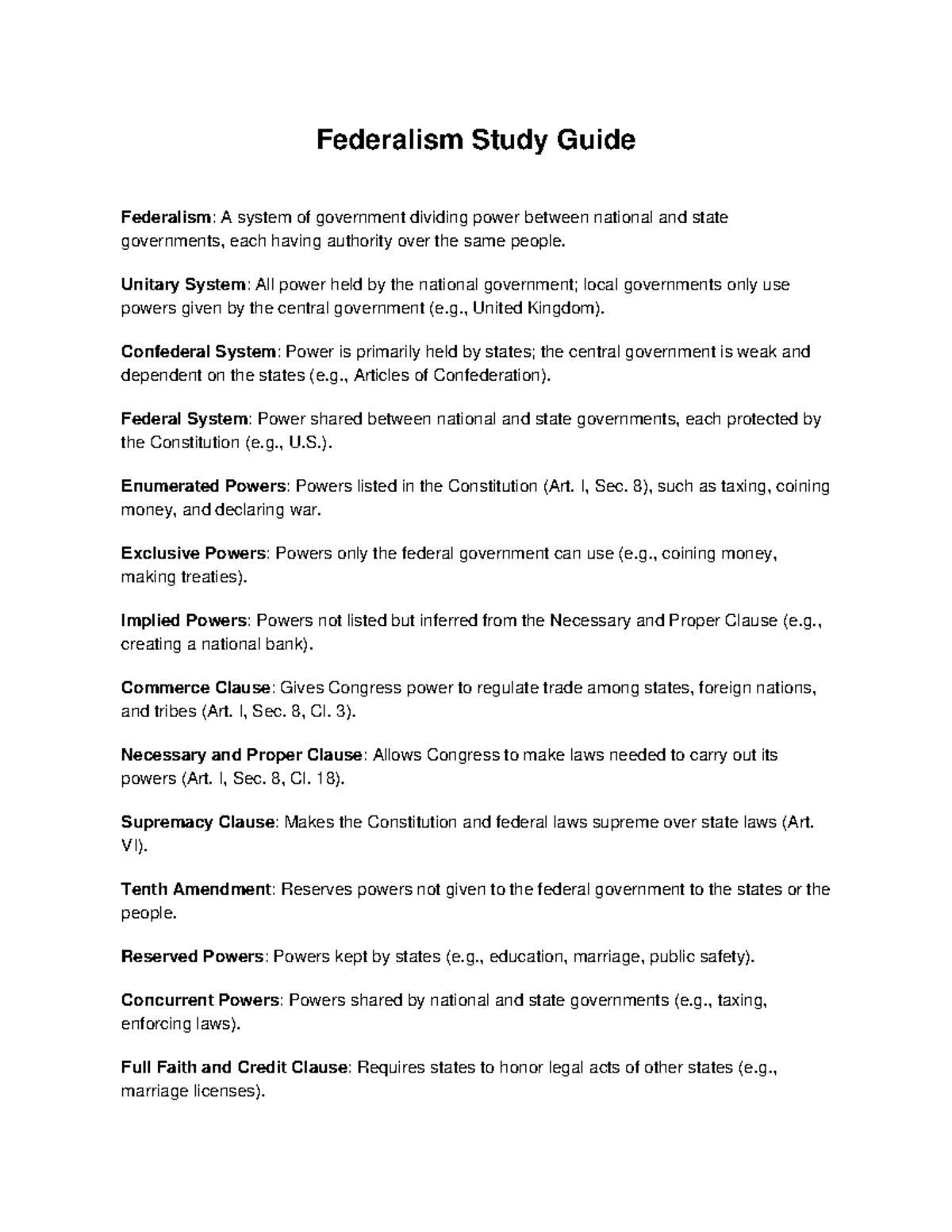 Federalism Study Guide: Key Concepts & Powers (POL 101) - Studocu