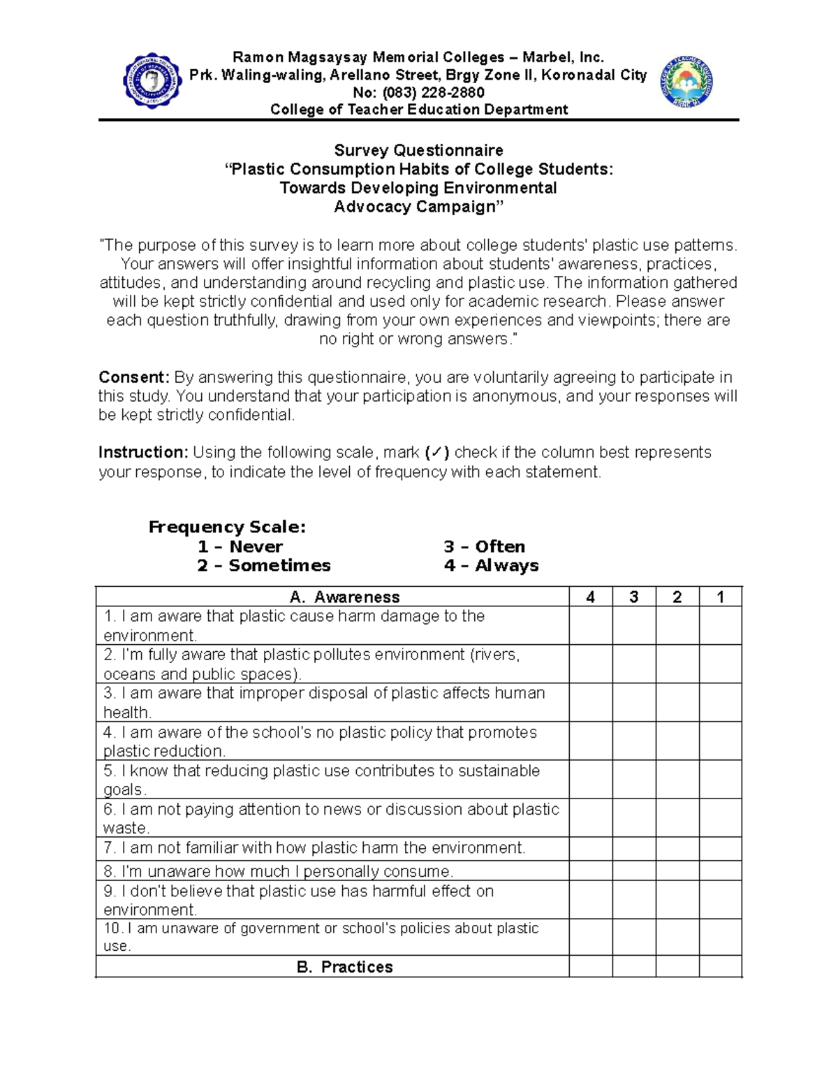Survey Questionnaire on College Students' Plastic Use Habits - Studocu