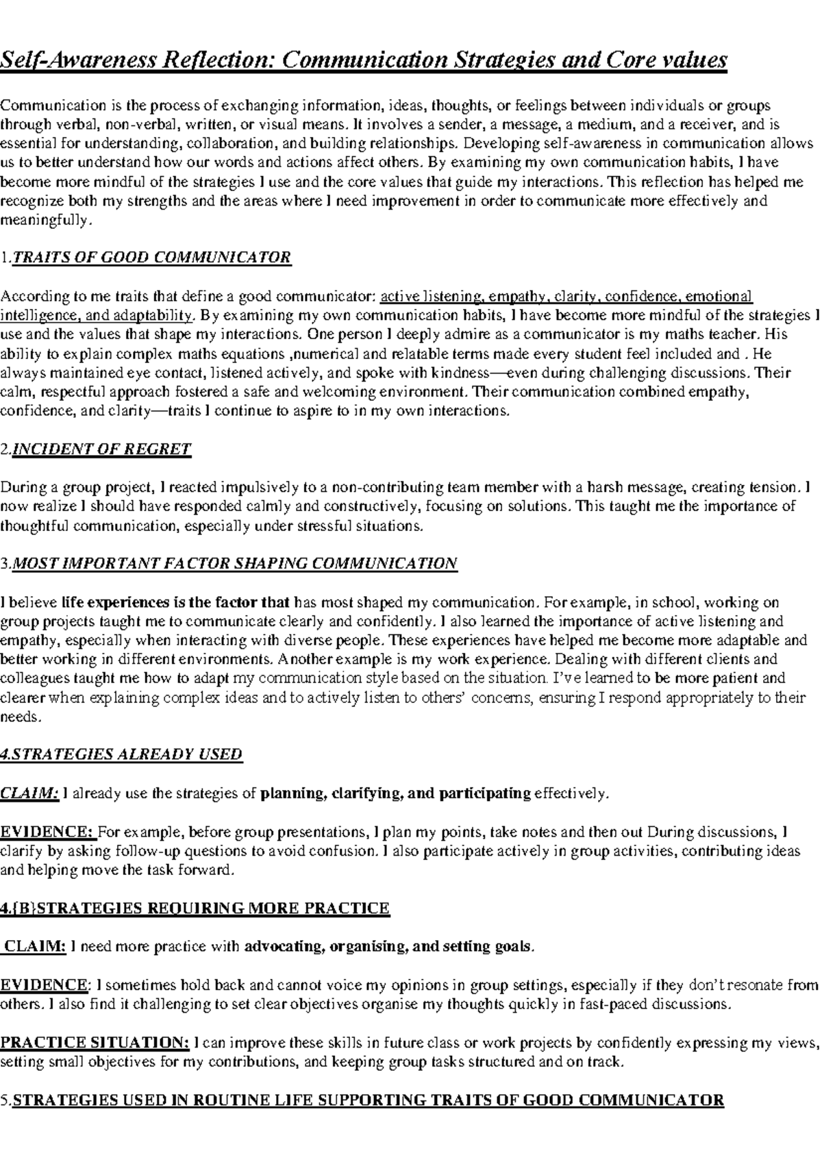 SELF Awareness Project: Reflection on Communication Strategies and ...