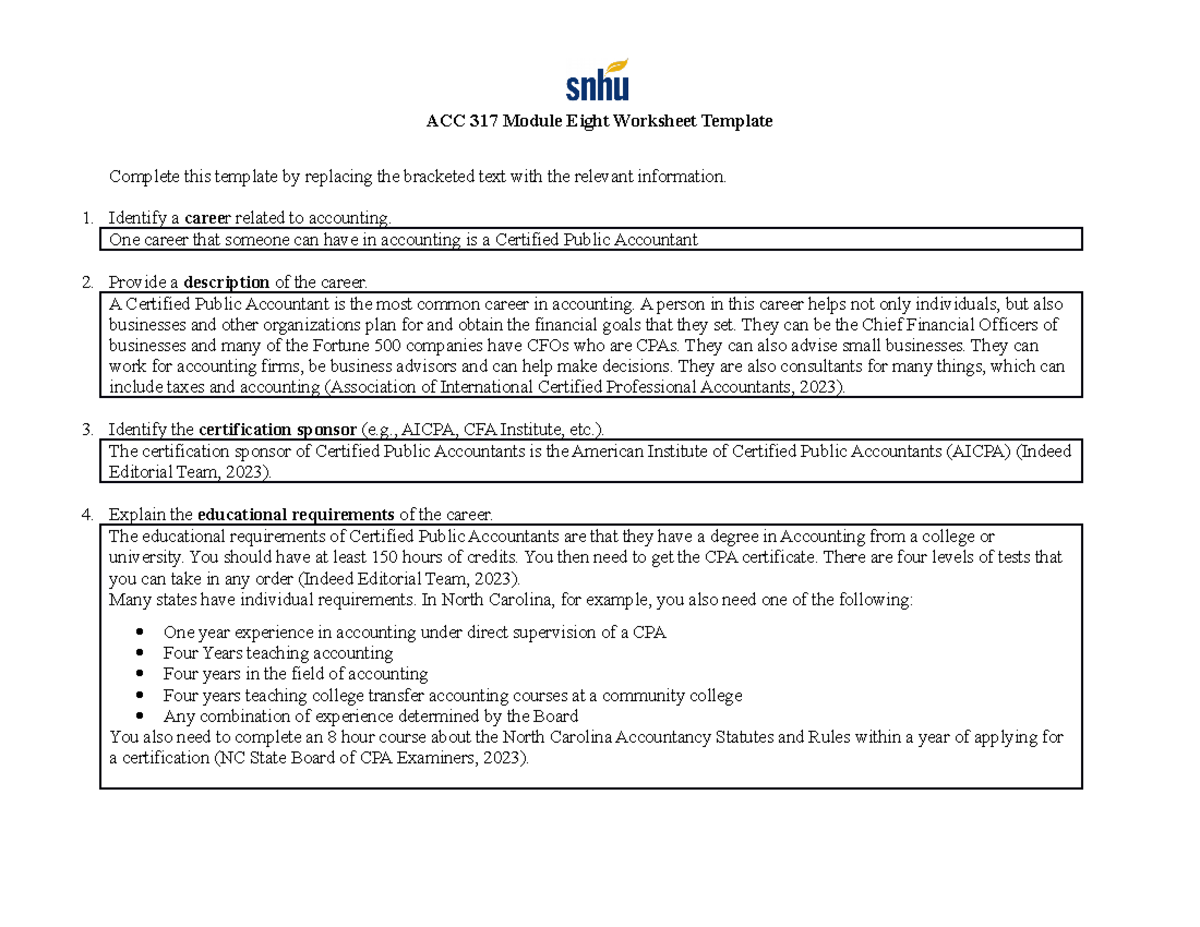 ACC 317 Module 8 CPA Career Overview Worksheet - Studocu