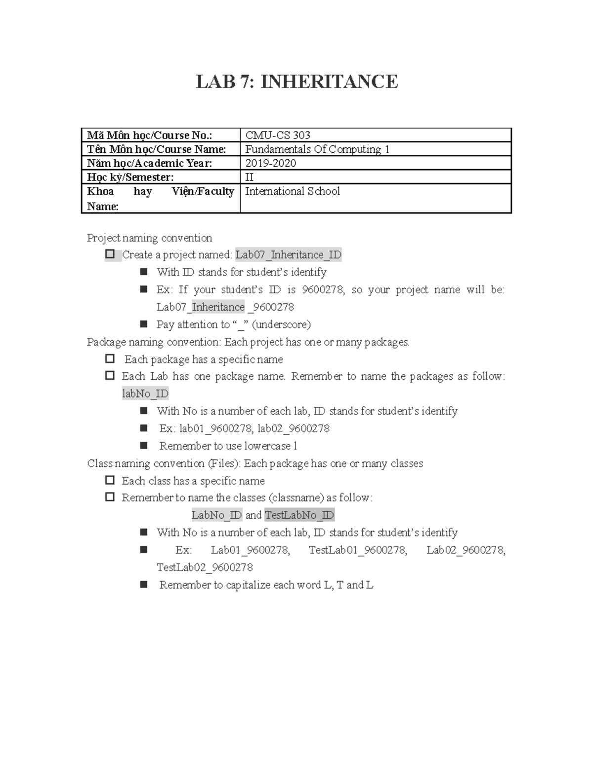 Lab07 Inheritance - ÁDAS - LAB 7: INHERITANCE Mã Môn học/Course No ...