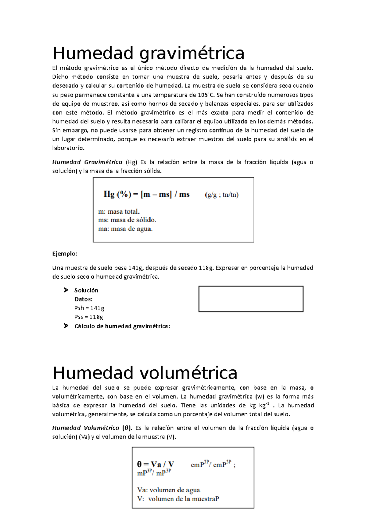 Humedad Gravimétrica y Volumétrica en Suelos: Estudio y Cálculos - Studocu