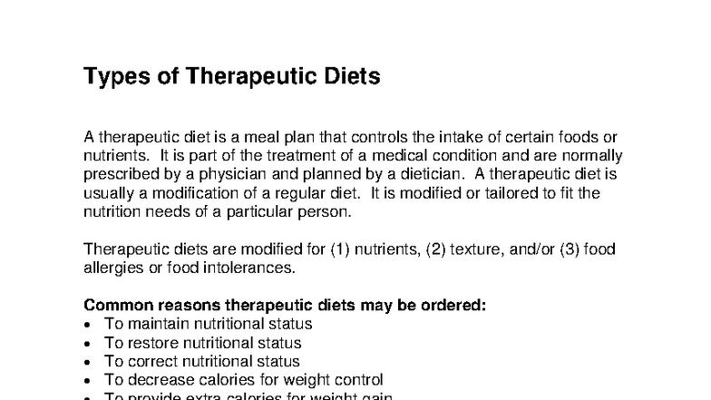 Therapeutic Diets Overview: Types & Modifications for Health - Studocu