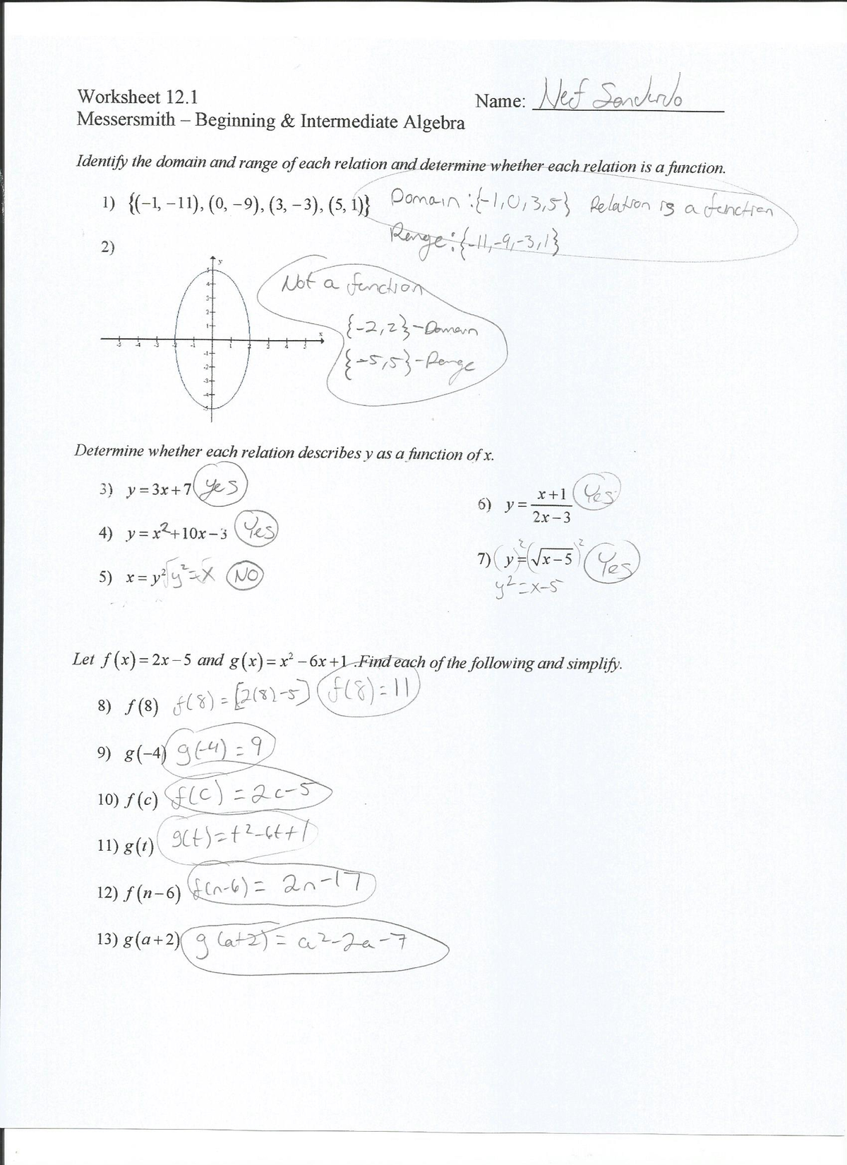 WS 12.1-3: Domain, Range, and Functions in College Algebra - Studocu