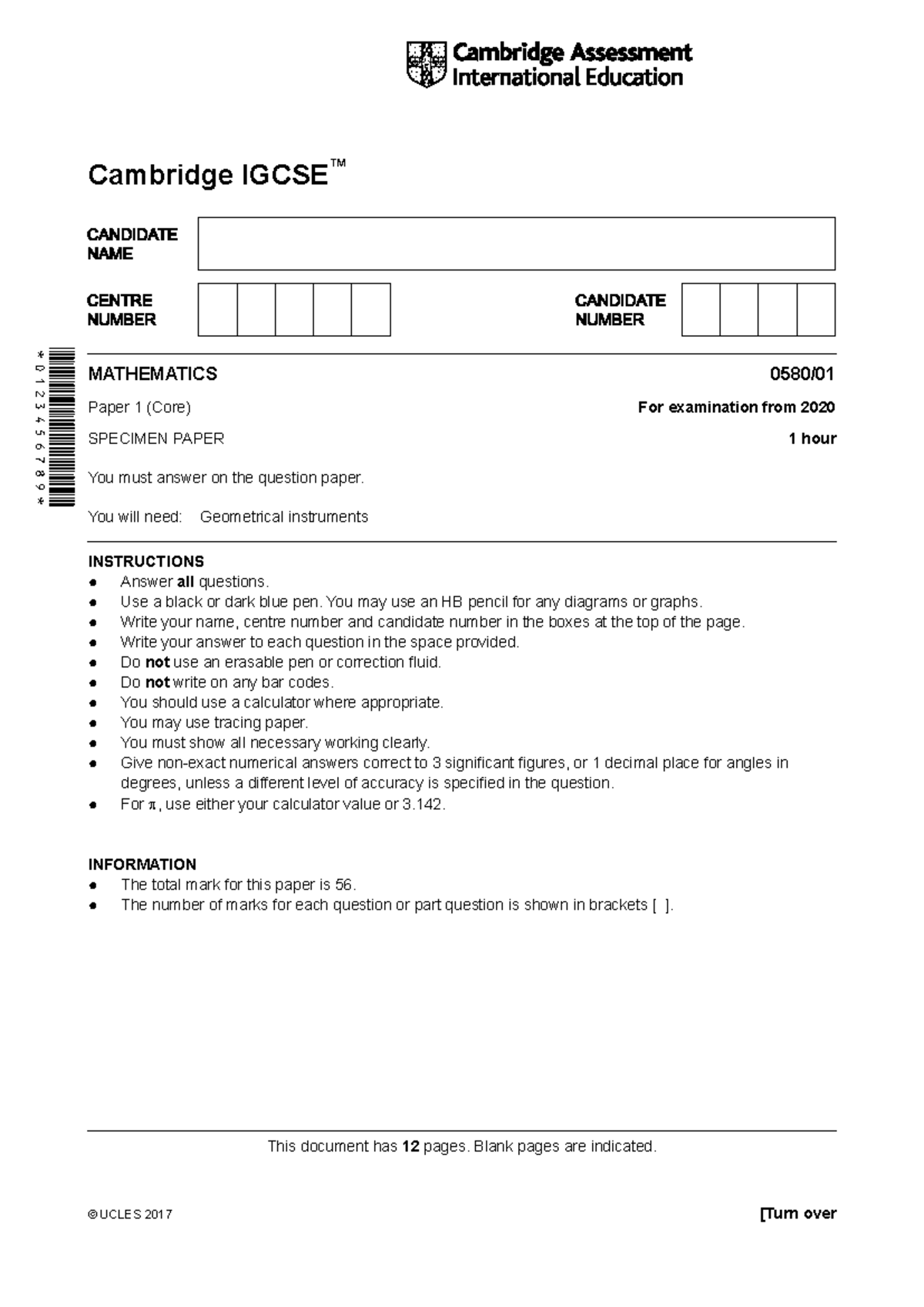 415732 2020 specimen paper 1 - Cambridge IGCSE ™ MATHEMATICS 0580 ...