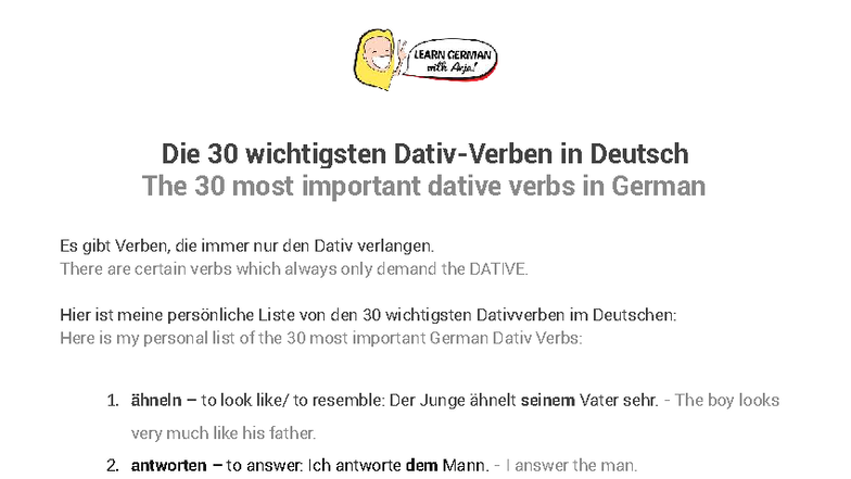 Die 30 wichtigsten Dativverben in Deutsch - Übersicht - Studocu