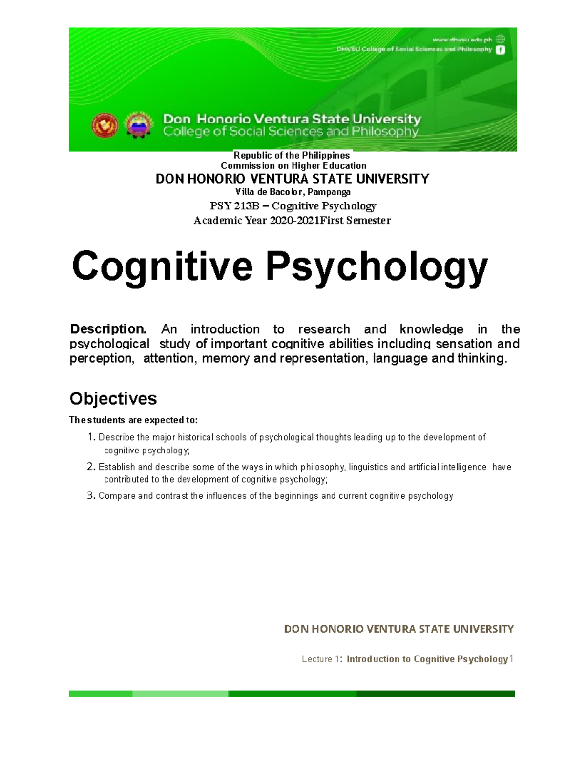 Lecture 1: Intro to Cognitive Psychology (PSY 213B) - Key Concepts ...