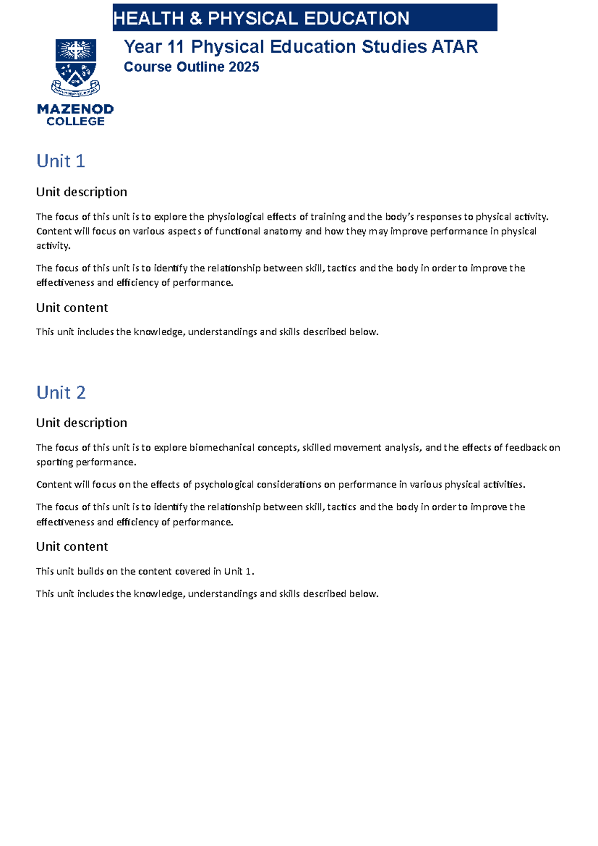 PE - Year 11 ATAR Physical Education Course Outline 2025 - Studocu