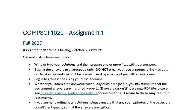 COMPSCI 1020 Fall 2025 Assignment 1 Instructions and Topics - Studocu