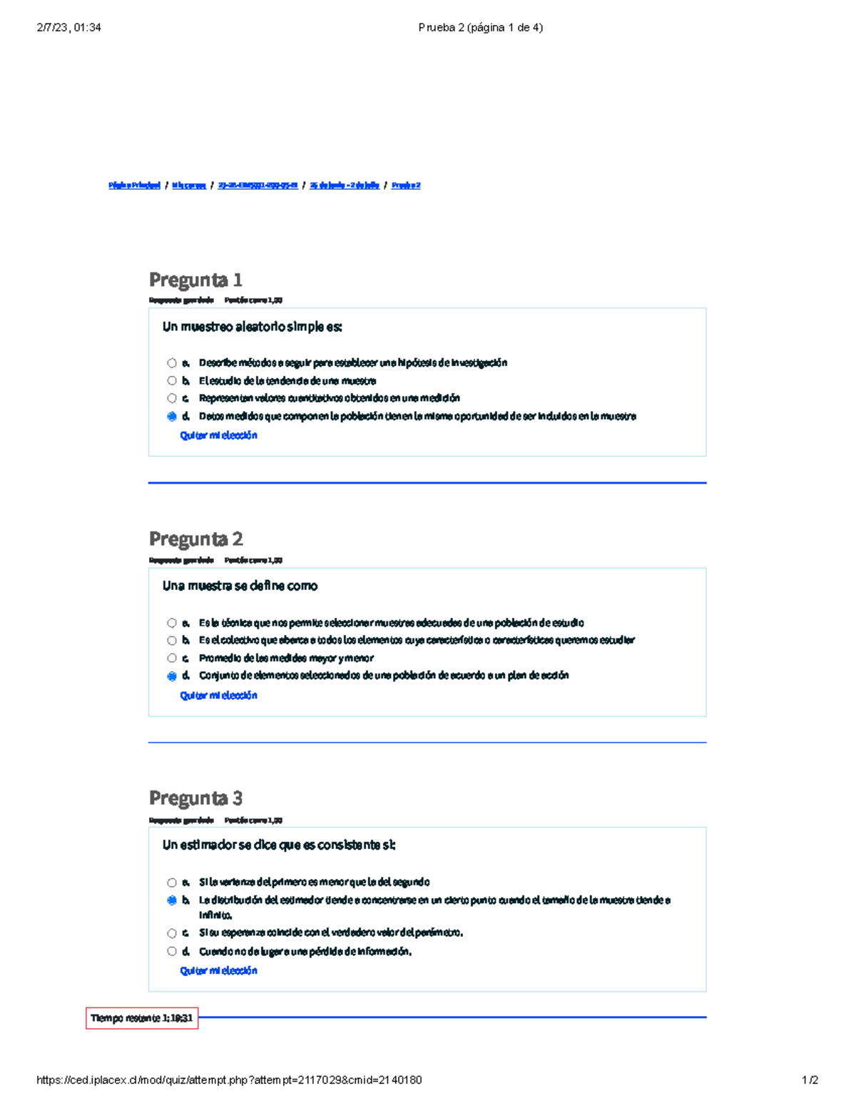 Prueba 2 de Estadística Inferencial 95% - Análisis de Preguntas - Studocu