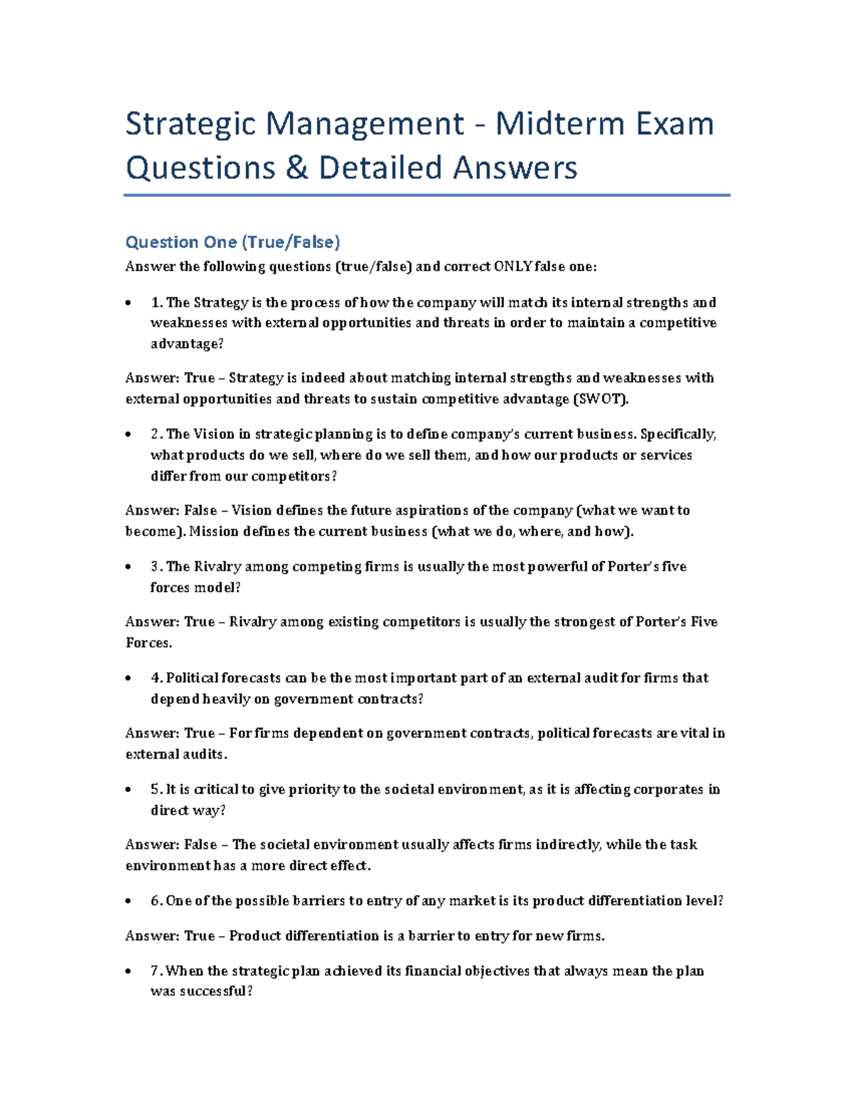 Strategic Management (SM 101) Midterm Exam Q&A with Detailed Answers ...