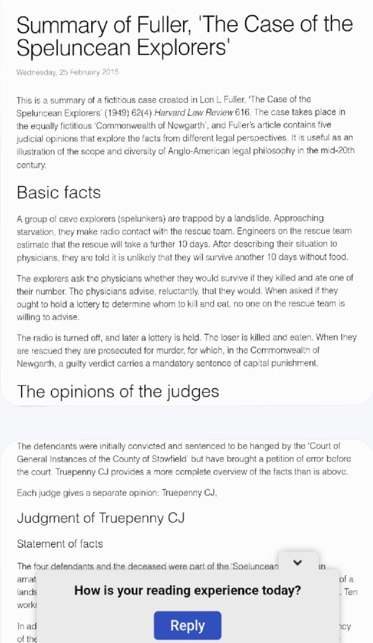 Final Exam Case Study: The Speluncean Explorers (Law 101) - Studocu
