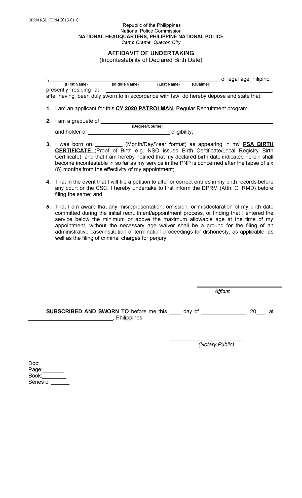 DPRM RSD Form: Affidavit of Undertaking for PNP Patrolman Recruitment ...