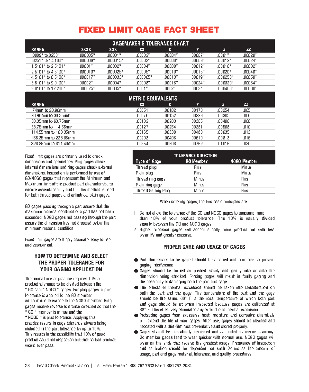 Fixed limit gage fact sheet pg28 - GAGEMAKER’S TOLERANCE CHART RANGE ...