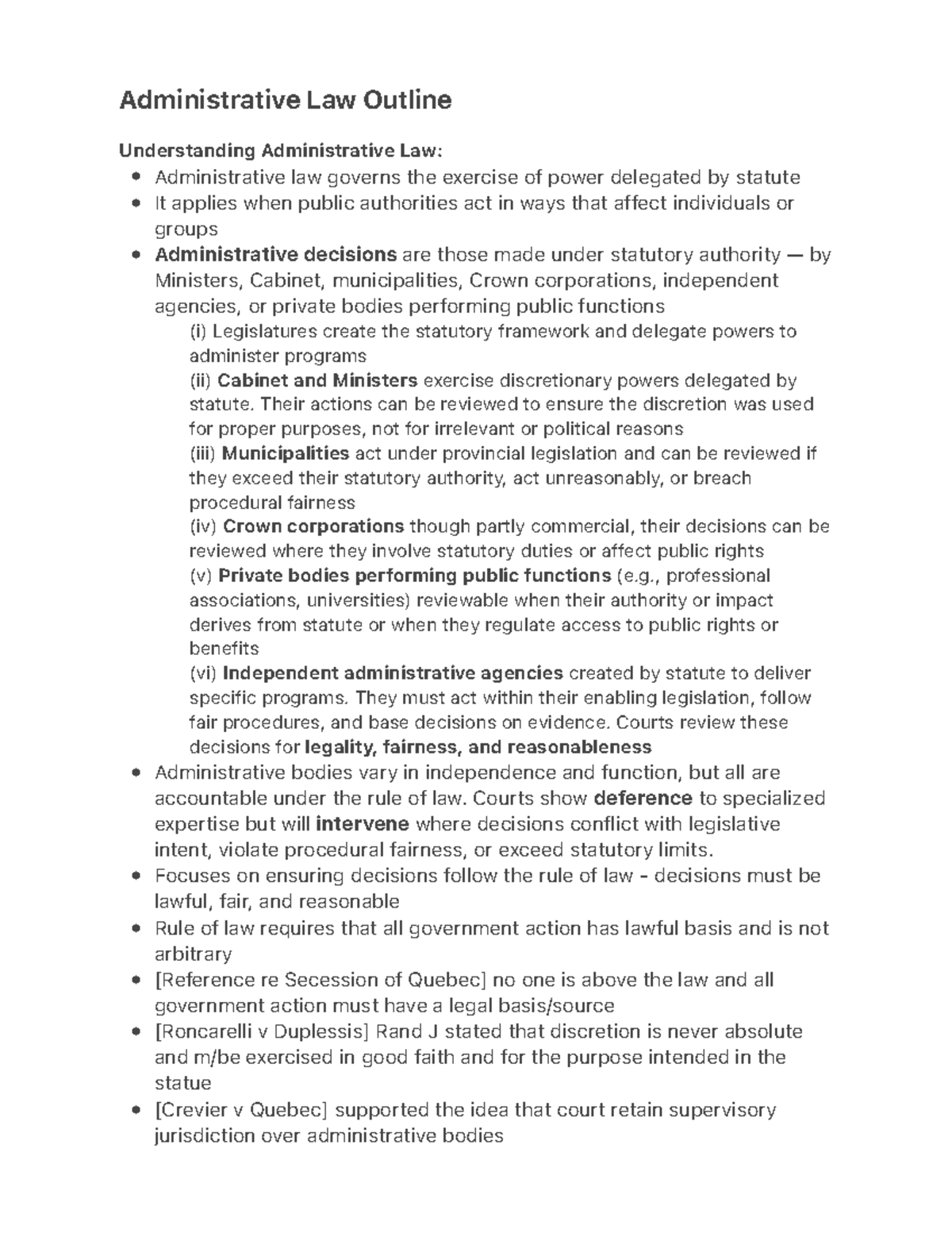 Administrative Law Outline: Key Principles and Procedural Fairness ...