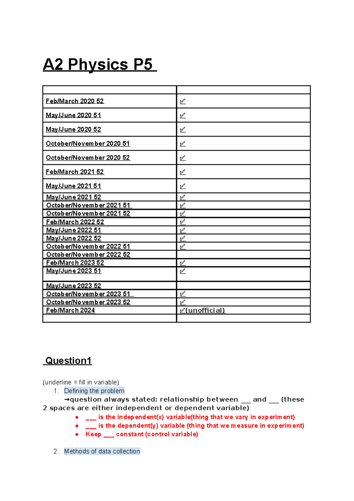 A2 Physics P5 - Paper 5 Question 2 Key Points and Methods - Studocu