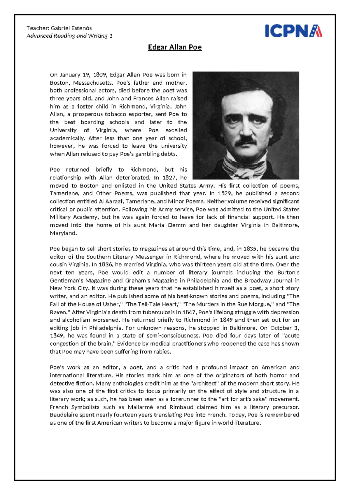 Advanced Reading and Writing 1: Edgar Allan Poe's Literary Legacy - Studocu