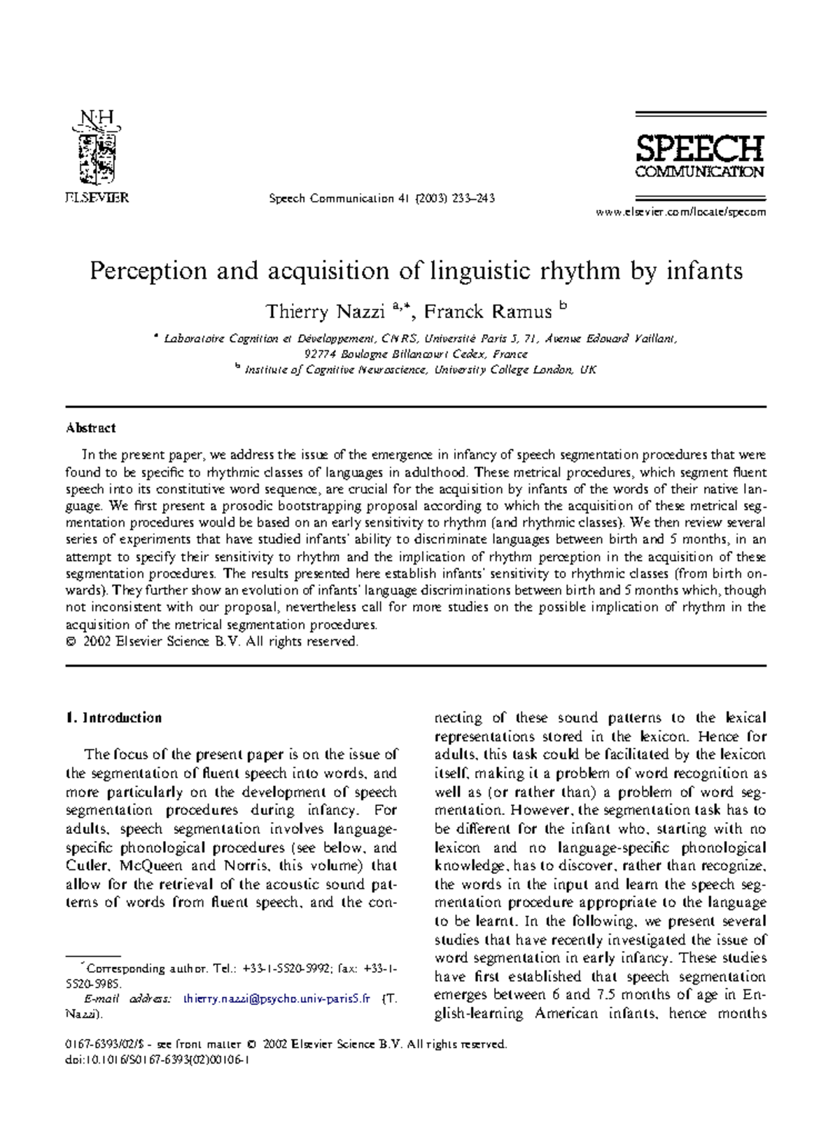 Speech Communication 41: Perception & Acquisition of Linguistic Rhythm ...