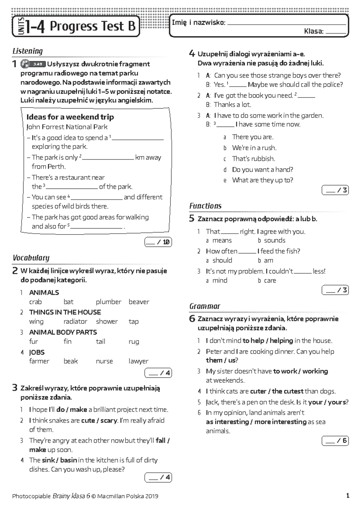 Kids Can 1 Extra Vocabulary Test Unit 1 - Język angielski - © Macmillan ...
