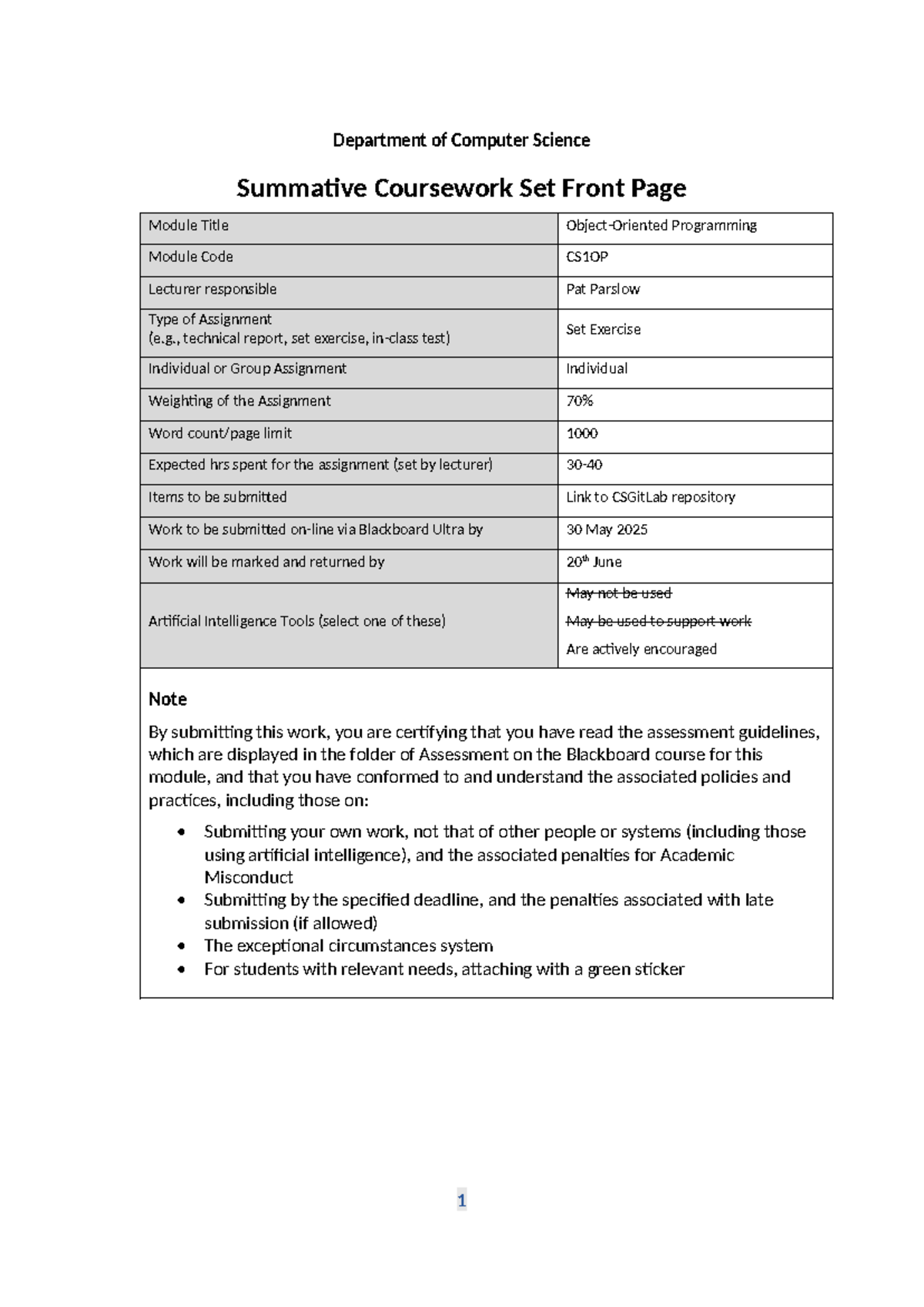 CW1 CS1OP - Programming Module Summative Coursework Guidelines - Studocu