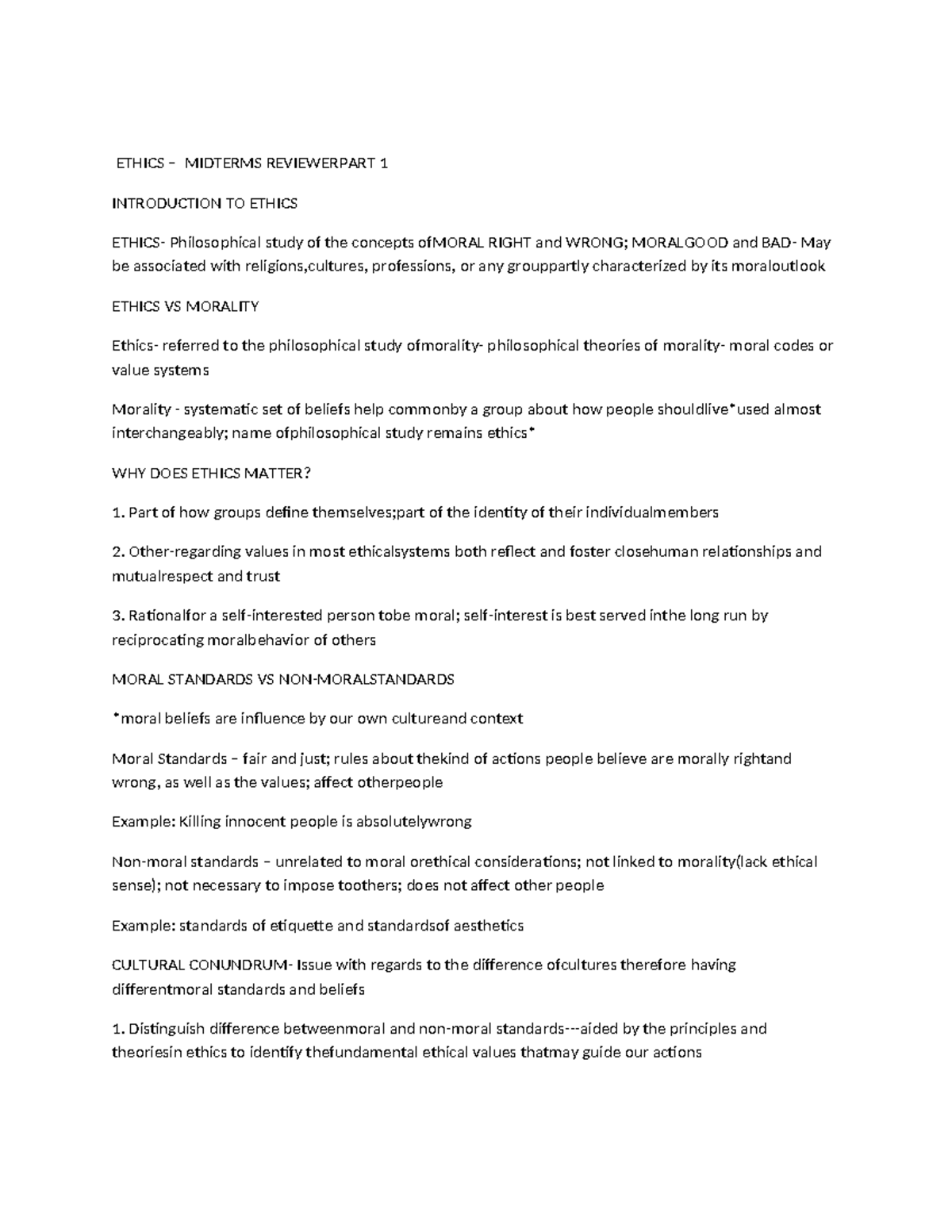 GEC 8- Ethics - Reviewer - ETHICS – MIDTERMS REVIEWERPART 1 ...