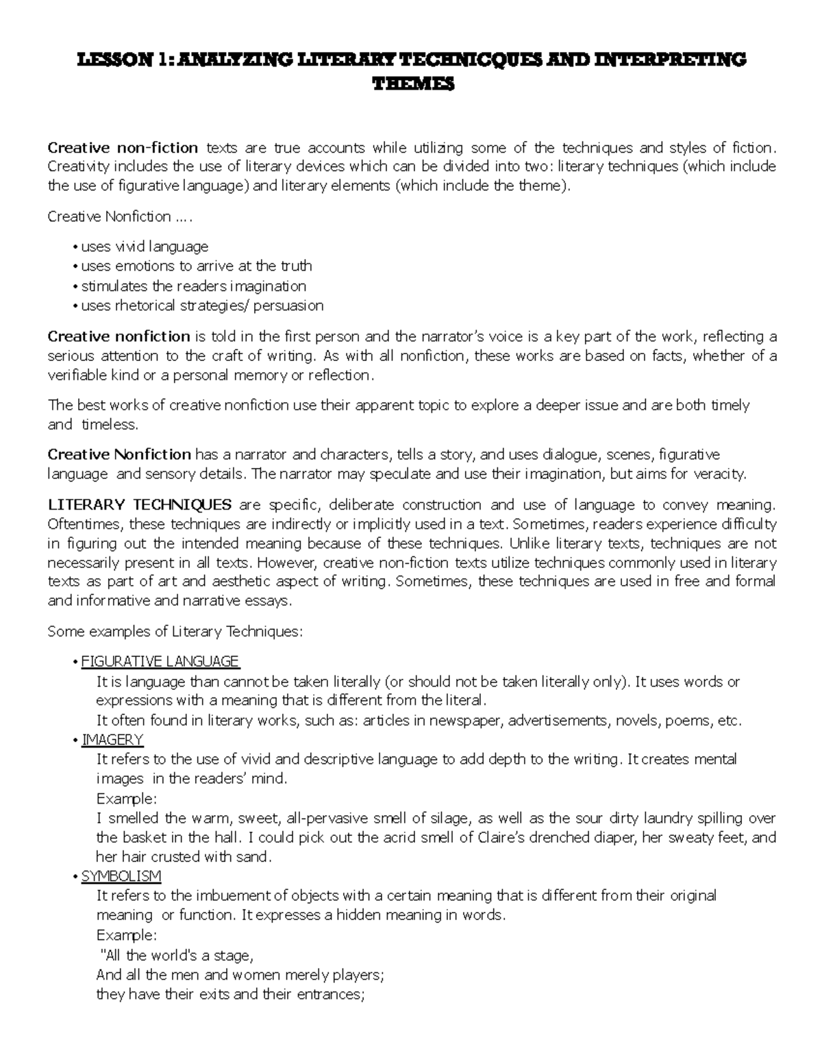 Analyzing Literary Techniques and Interpreting Themes - LESSON 1 ...