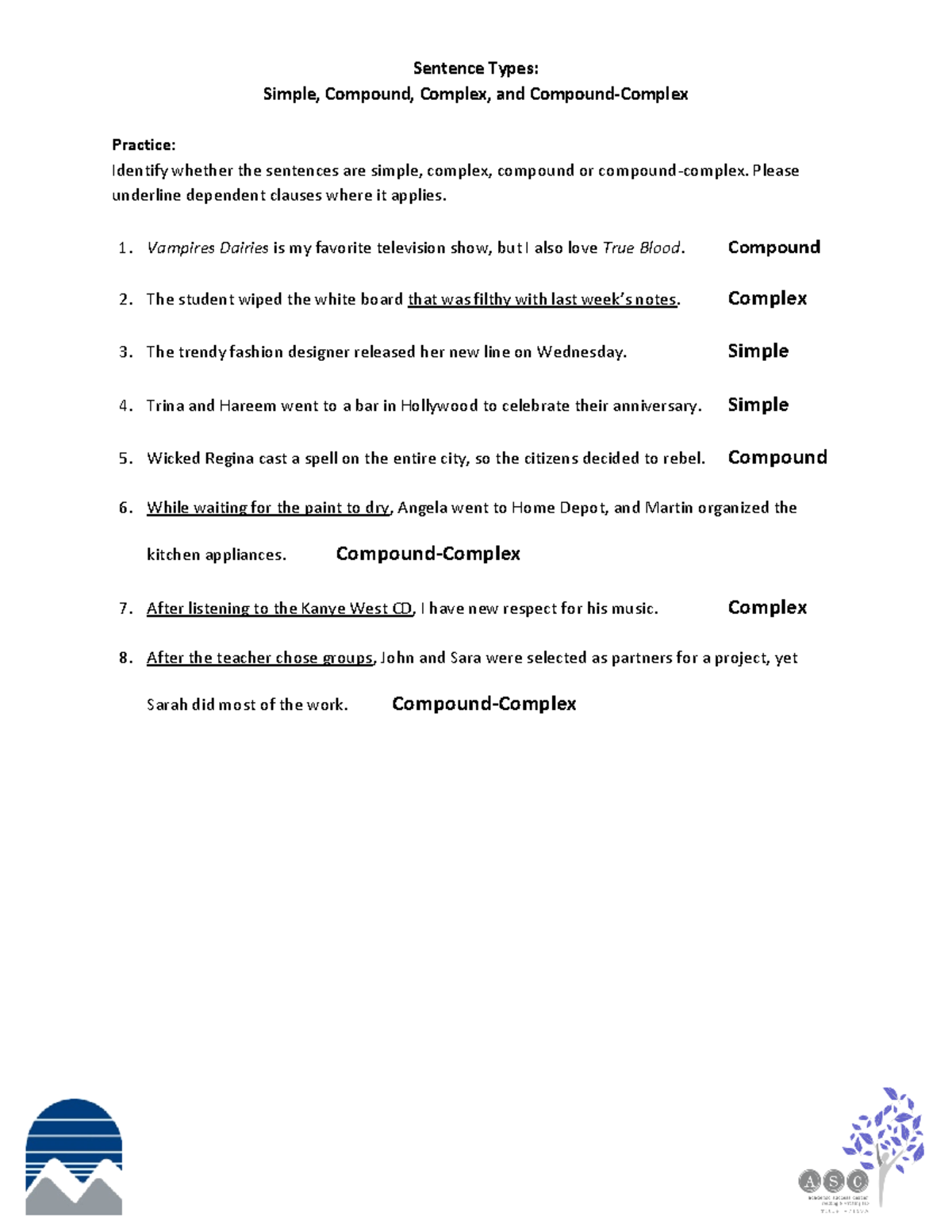 ENG101: Sentence Types Practice Answer Key – Simple, Compound, Complex ...