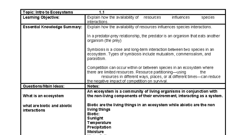 Unit 1: Ecosystems and Biogeochemical Cycles - Cornell Notes - Studocu